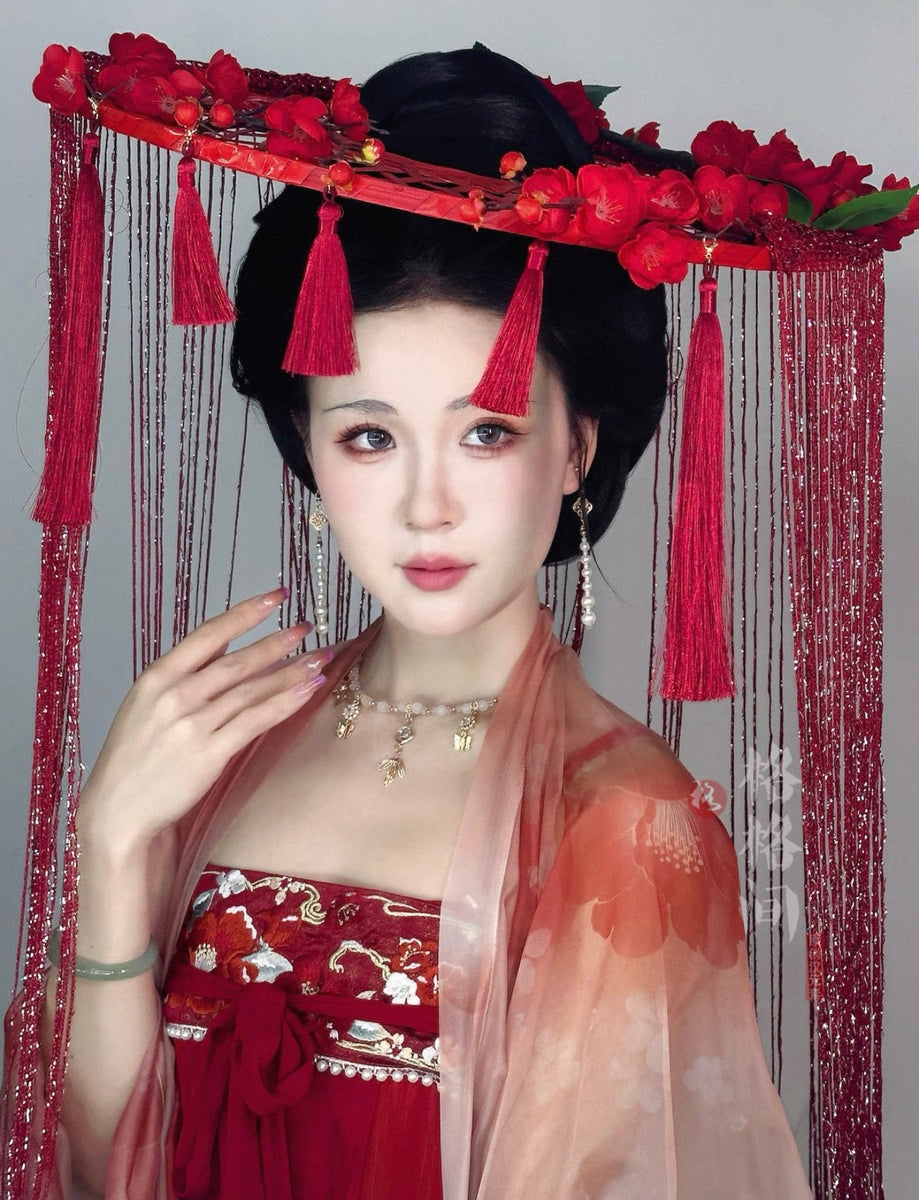 Red Plum Blossoms Bamboo Veil Hat (斗笠) – Hanfu Story