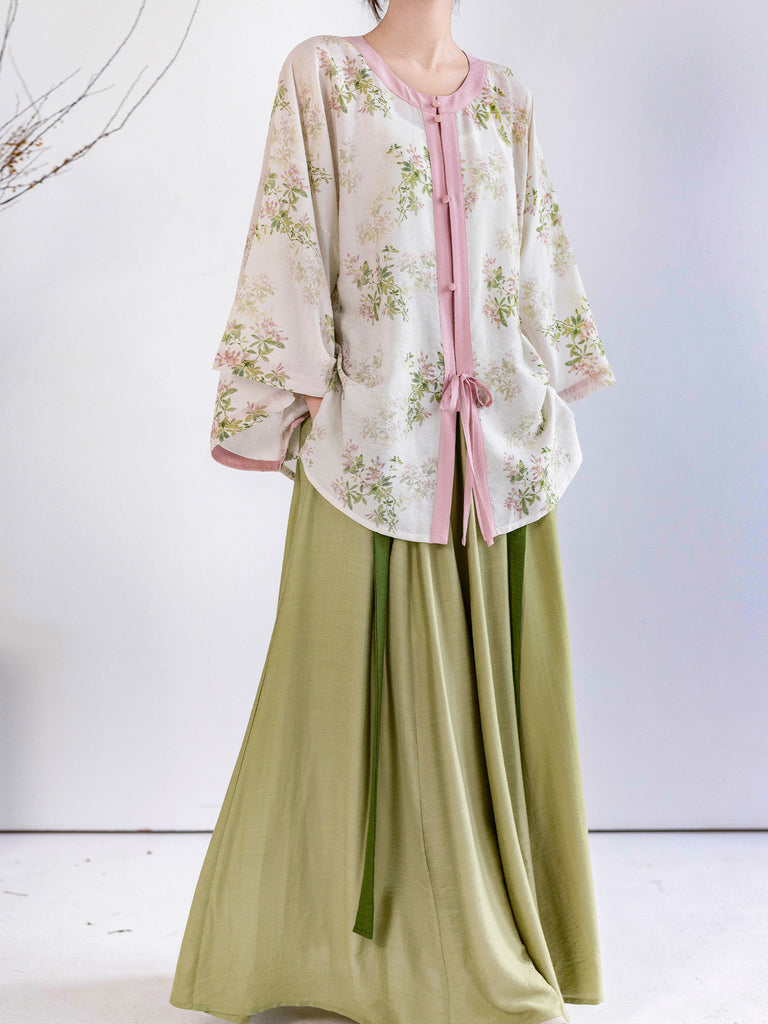 Ming Dynasty Modern Hanfu Round Collar Top and Elastic Skirt - Spring ...