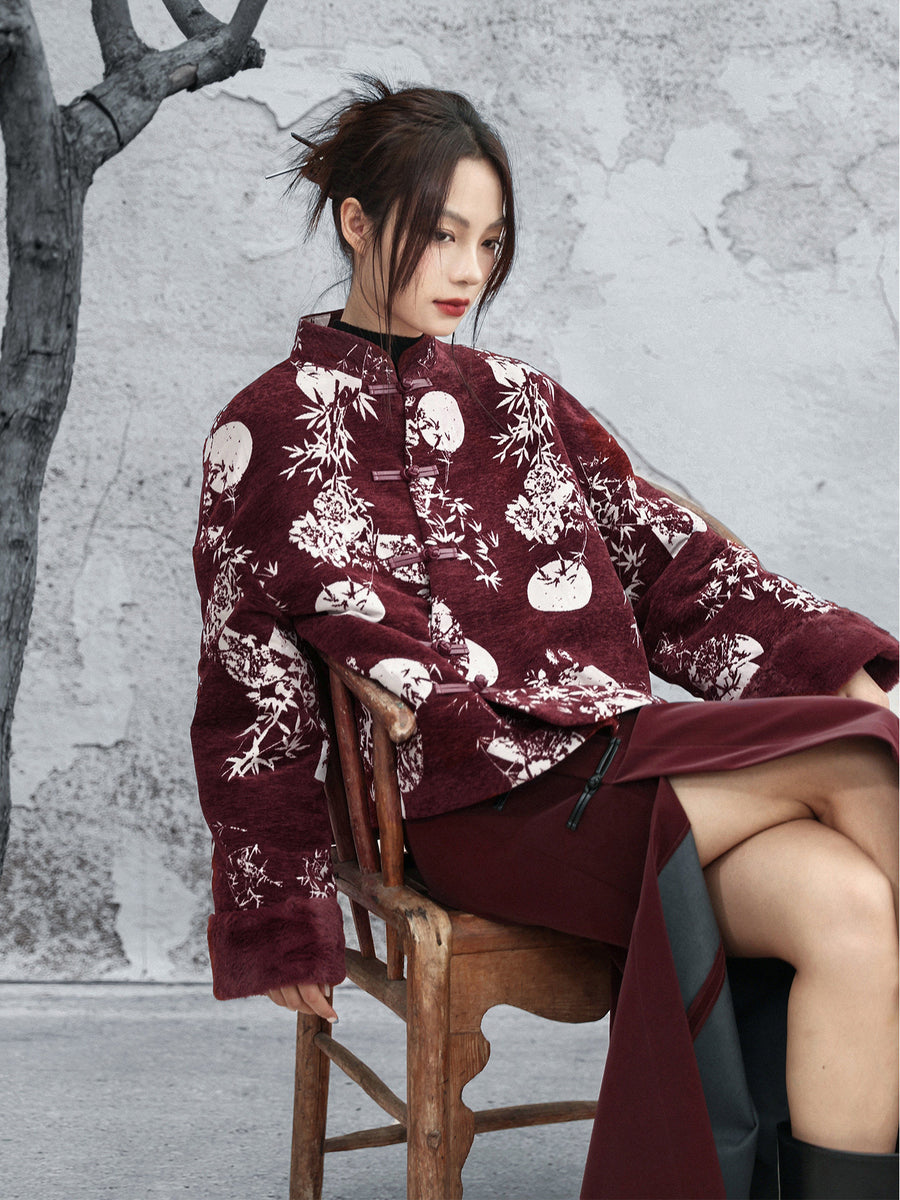 New Chinese Style Bamboo Leaf Full Moon Chenille Winter Jacket - Chixi ...