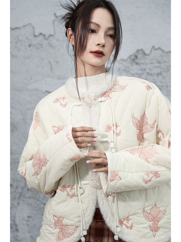 New Chinese Style Koi Embroidered Cotton Fleece Crop Jacket - Chi Meng ...