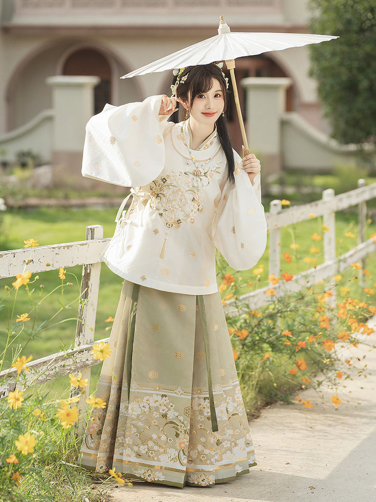 Ming Dynasty Hanfu Outfit Green Round-Collar Top & Mamian Skirt | Frag ...