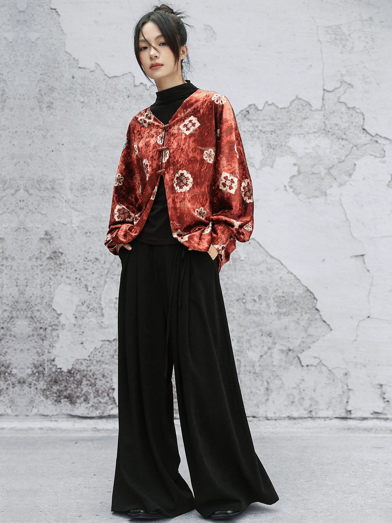 New Chinese Style Autumn Orange Red Print Loose Bat Sleeve Velvet Jack ...
