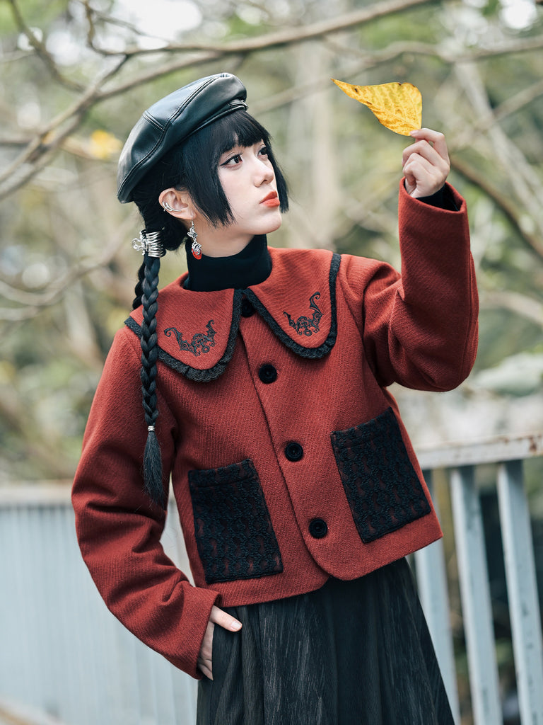 New Chinese Style Red and Black Doll Collar Short Jacket - Lucky Bat 福 ...