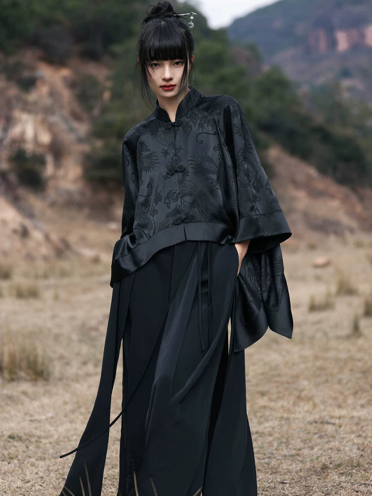 New Chinese Style Dark Pattern Satin Jacquard Shirt – Hanfu Story