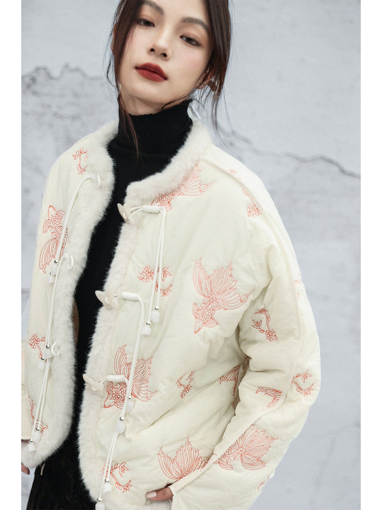 New Chinese Style Koi Embroidered Cotton Fleece Crop Jacket - Chi Meng ...