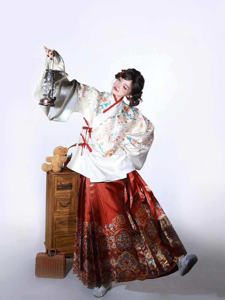 Ming Dynasty White Pipa Sleeve Top and Red Woven Horse Face Skirt - As ...