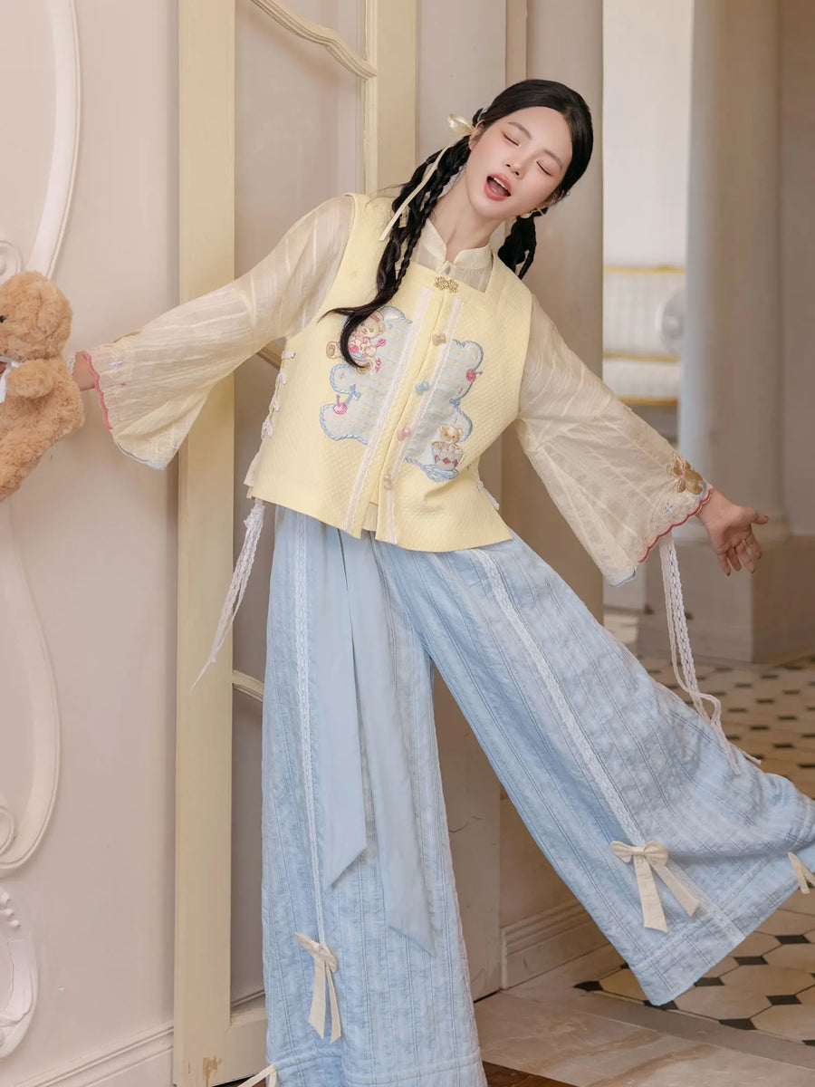 New Chinese Style Long Sleeve Top and Vest with Skirts or Wide Leg Pan ...