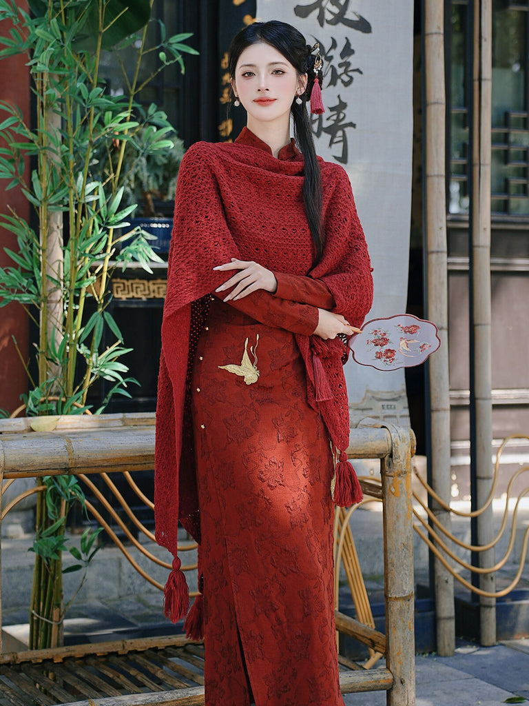 Chinese Wedding Engagement & Tea Ceremony Long Sleeve Cheongsam | Juli ...