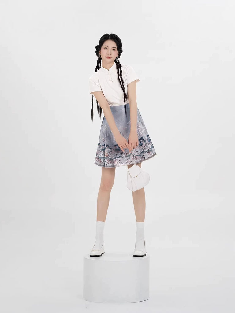 Ming Dynasty Modern Hanfu Top and Mamianqun Mini Skirt - Path of Flowe ...