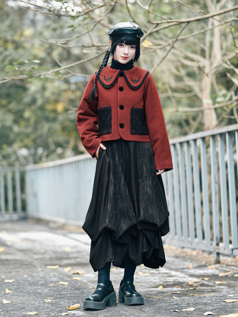 New Chinese Style Red and Black Doll Collar Short Jacket - Lucky Bat 福 ...