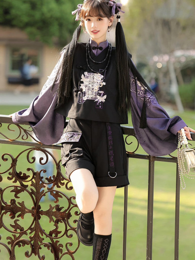 New Chinese Style Pipa Sleeve Top and Shorts - Yanmoyin 砚墨引 – Hanfu Story