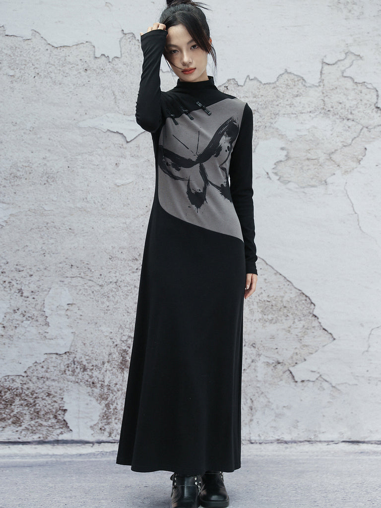 New Chinese Style Retro Ink Butterfly Print Long Sleeve Dress – Hanfu Story
