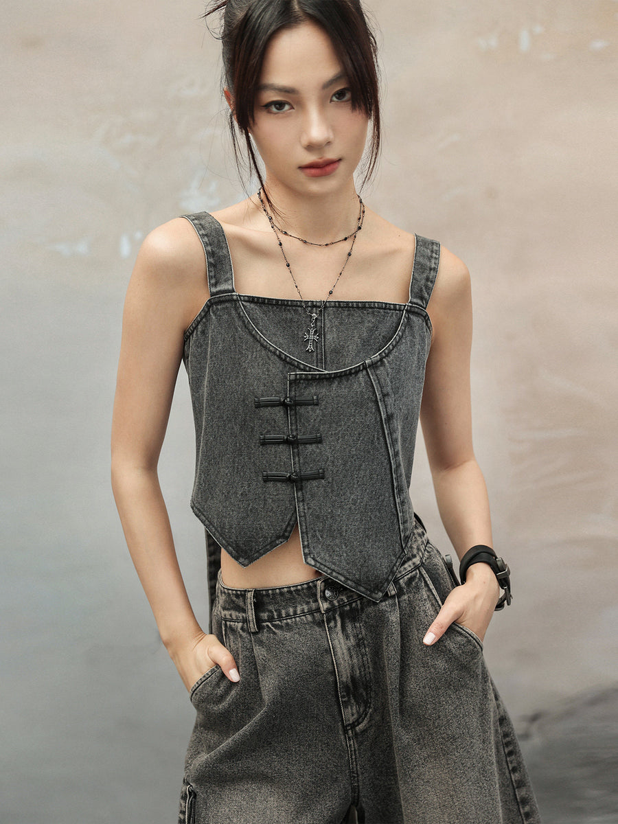 New Chinese Style Retro Asymmetrical Denim Camisole – Hanfu Story