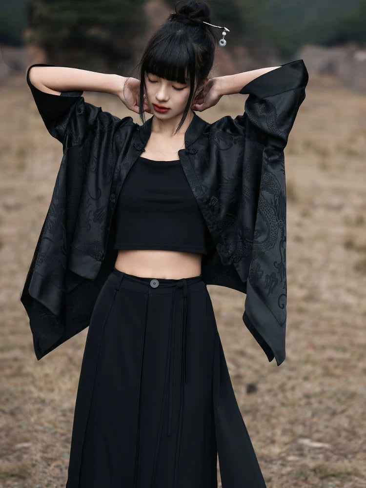 New Chinese Style Dark Pattern Satin Jacquard Shirt – Hanfu Story