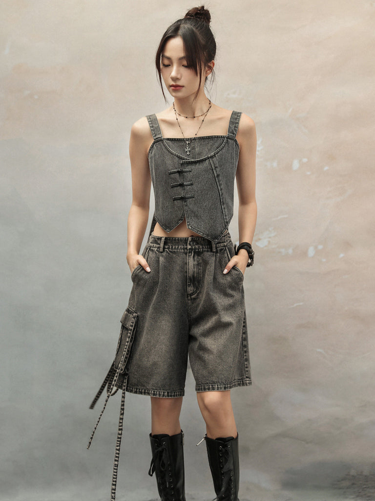 New Chinese Style Retro Asymmetrical Denim Camisole – Hanfu Story