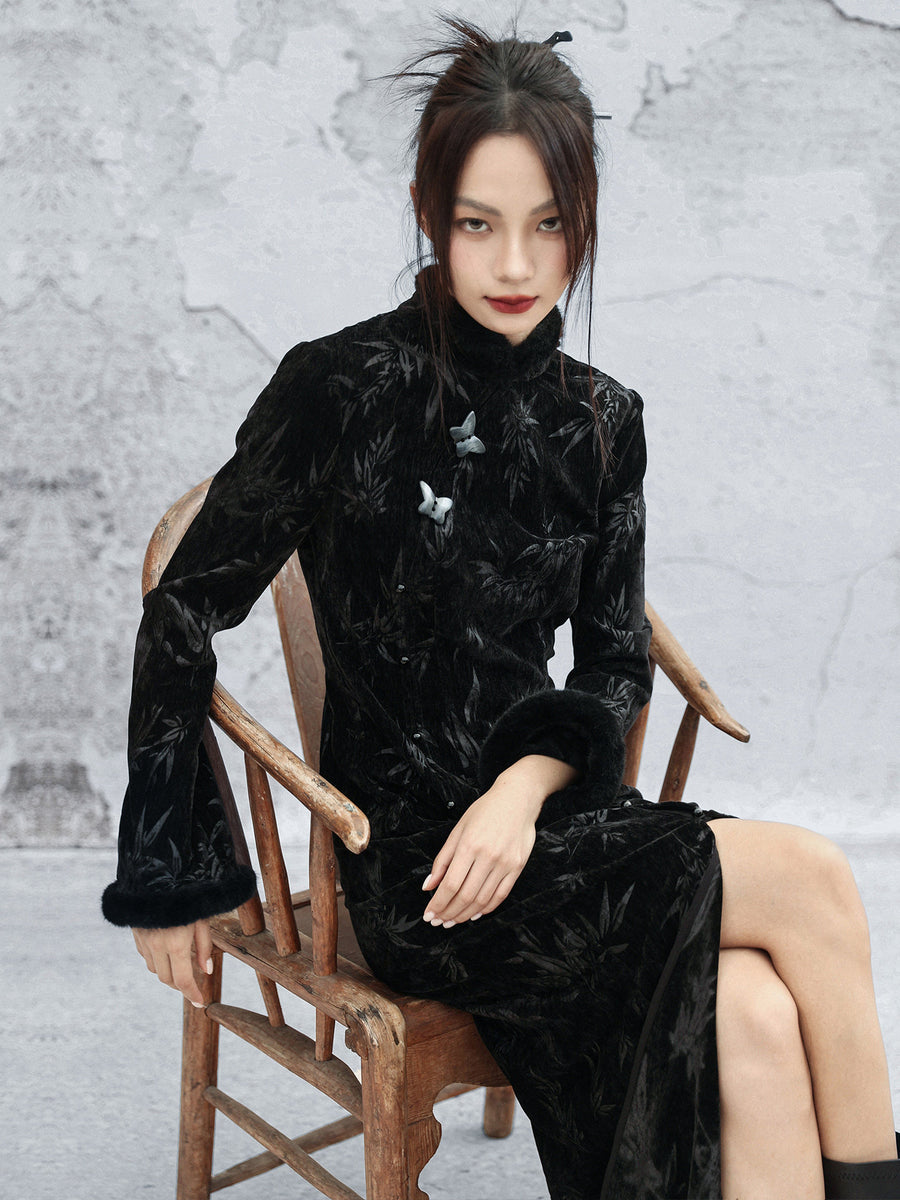 New Chinese Style Bamboo Leaf Embossed Slit Cheongsam Dress - Rongyue ...