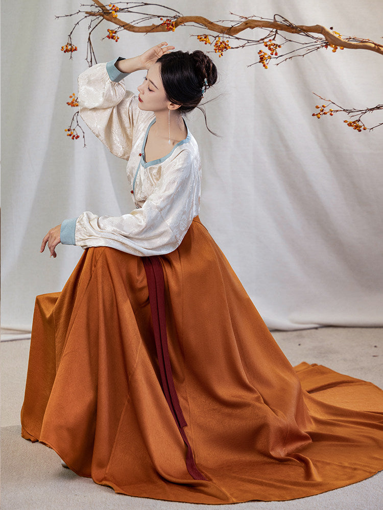 Tang Dynasty Modern Hanfu Round Collar Top and Wrap Skirt - Crimson Ba ...