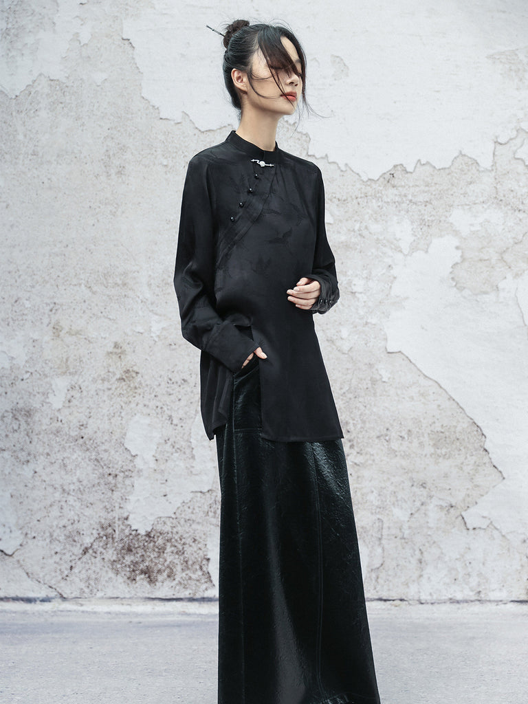 New Chinese Style Satin Crane Dark Pattern Long Sleeve Top - Ciyunjian ...