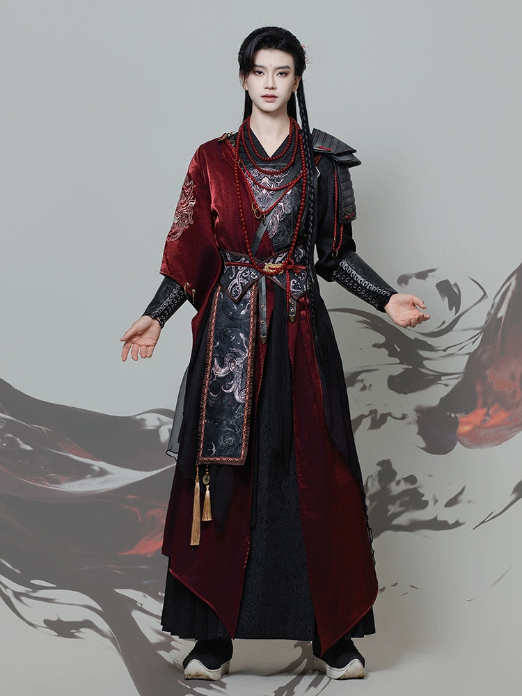 Burning Night 焚夜 - Red and Black Cross-Collar Hanfu Set, Wuxia Style W ...