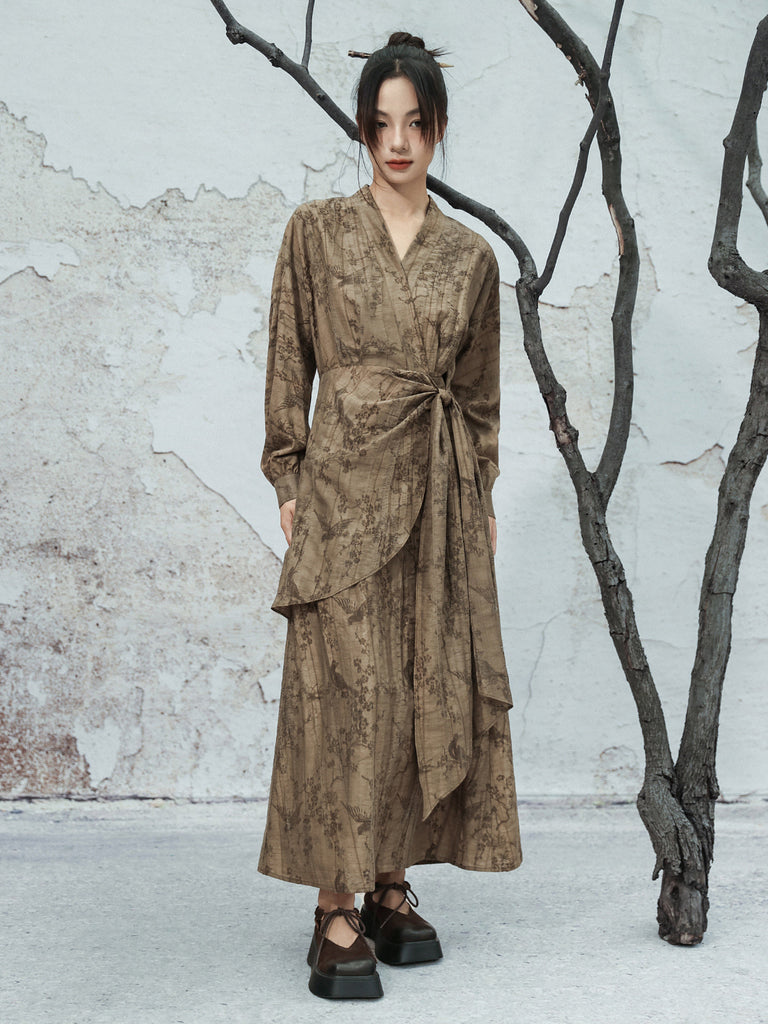 New Chinese Style V Neck Long Sleeve Jacquard Dress – Hanfu Story