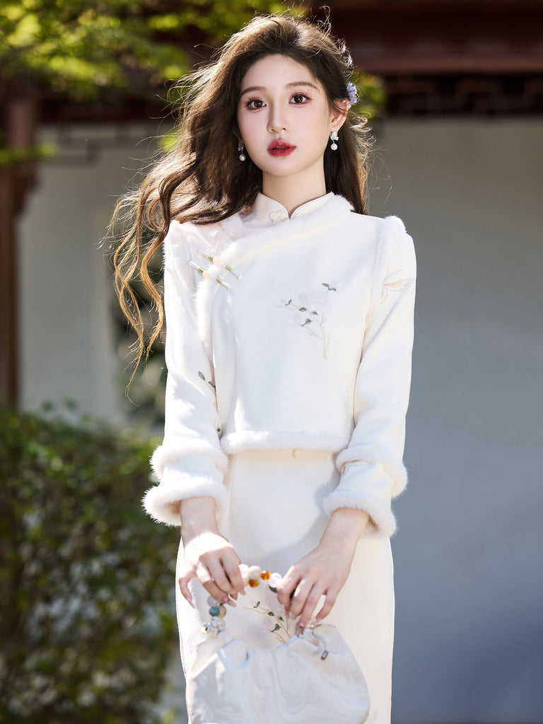 Long Sleeve Fur Trim Midi Qipao and Vest | Snow White – Hanfu Story
