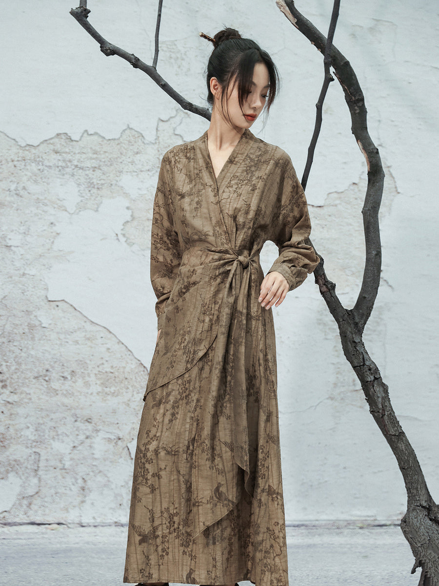 New Chinese Style V Neck Long Sleeve Jacquard Dress – Hanfu Story