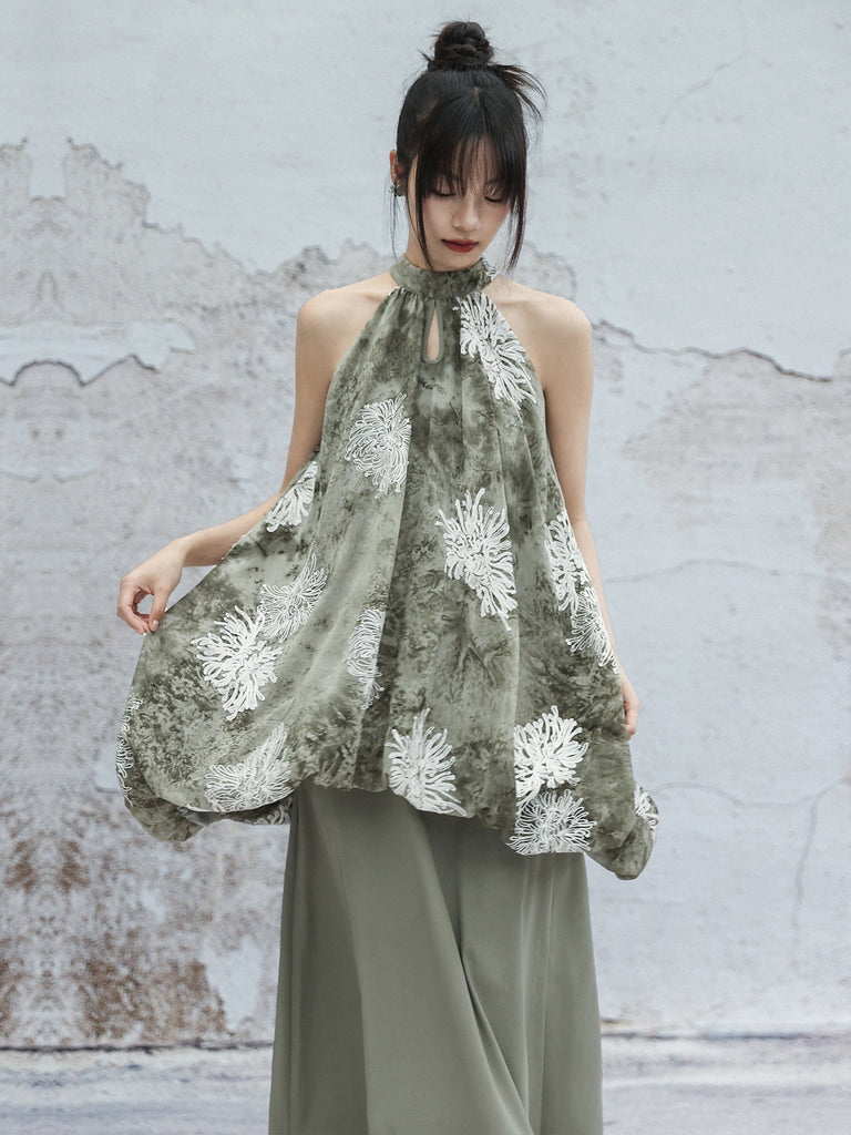 New Chinese Style Chrysanthemum Embroidered Dress Halter Neck Sleevele ...