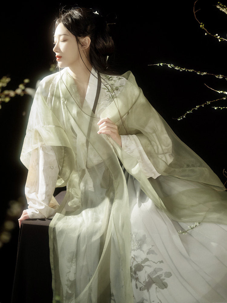 Song Dynasty Modern Hanfu Changgan Temple Beizi with Pleated Green Ski ...