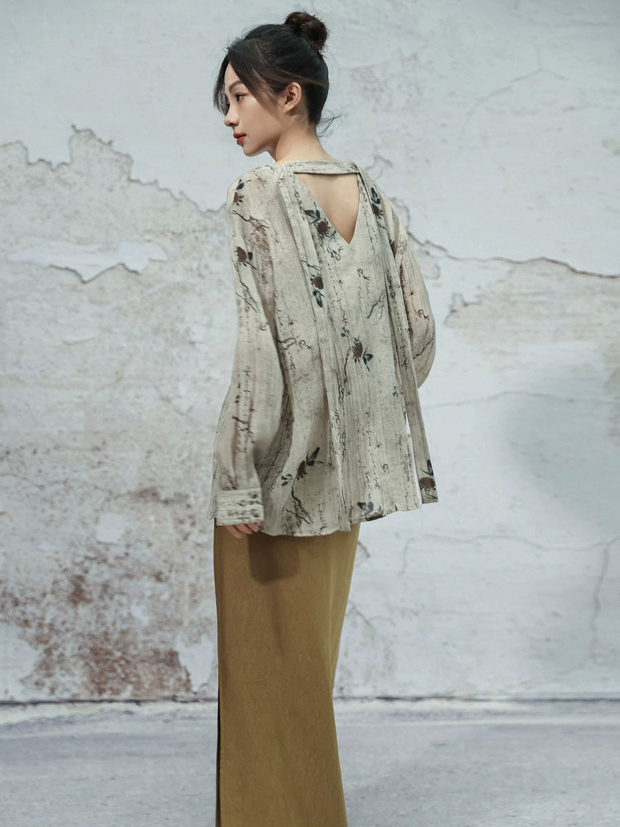 New Chinese Style Vintage Ink Butterfly Shadow V-neck Shirt – Hanfu Story