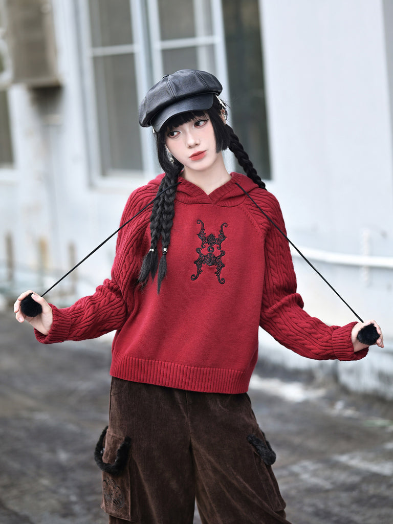 New Chinese Style Embroidery Red Cropped Hooded Sweater - Lucky Bat 福蝠 ...