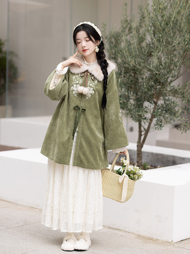 New Chinese Style Mid Length Jacket with Faux Fox Fur Collar - Matsuba ...