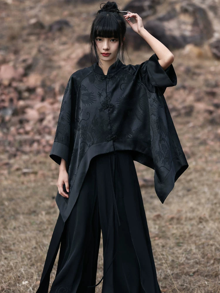 New Chinese Style Dark Pattern Satin Jacquard Shirt – Hanfu Story