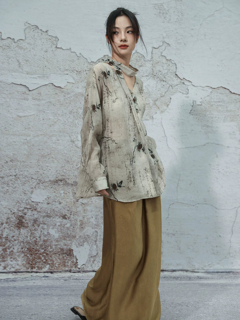 New Chinese Style Vintage Ink Butterfly Shadow V-neck Shirt – Hanfu Story