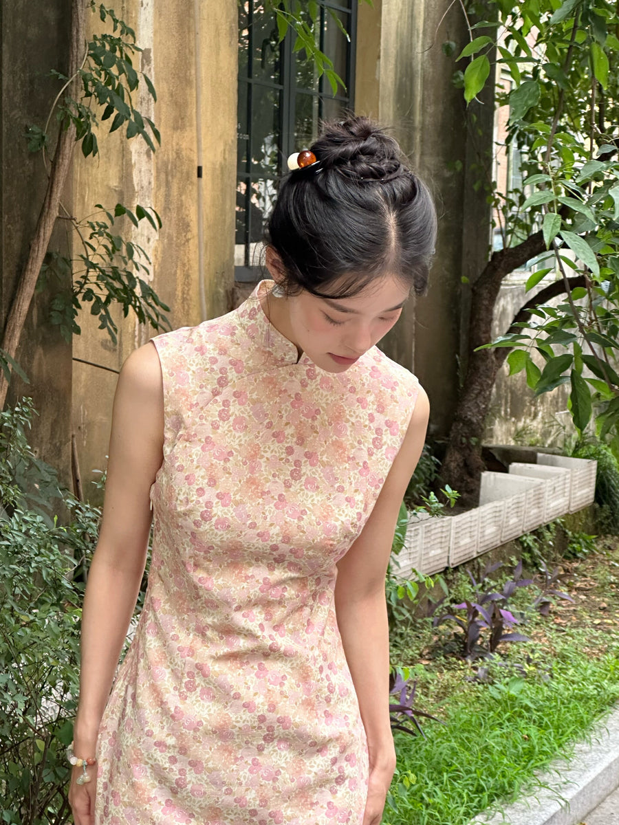 Sleeveless Cotton Retro Floral Long Cheongsam | Buji – Hanfu Story