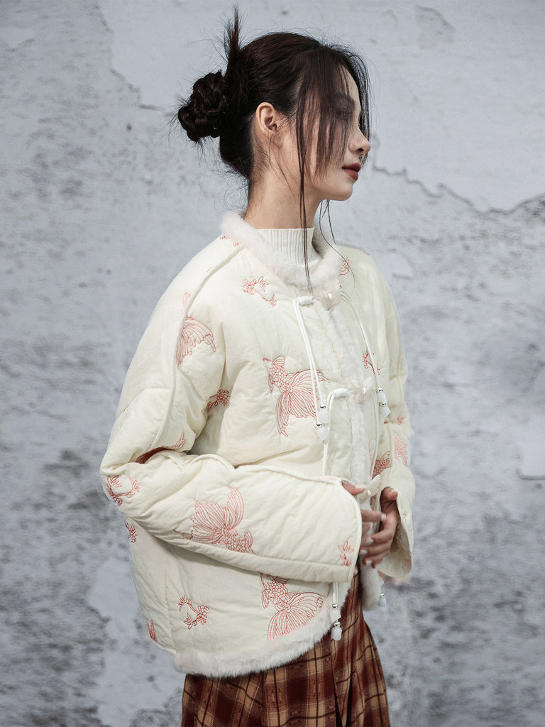 New Chinese Style Koi Embroidered Cotton Fleece Crop Jacket - Chi Meng ...