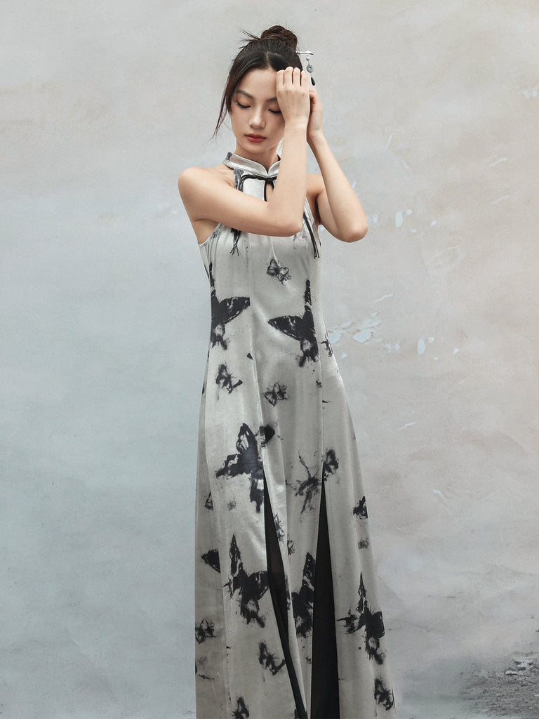 New Chinese Style Summer Retro Halter Neck Silver Butterfly Shadow Pri ...