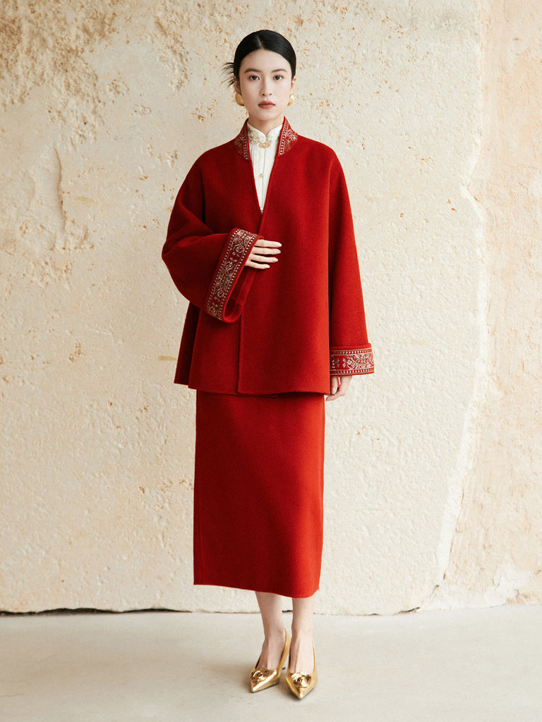 Festive Hanfu Wool Coat for Engagement, Tea Ceremony or Chinese New Ye ...