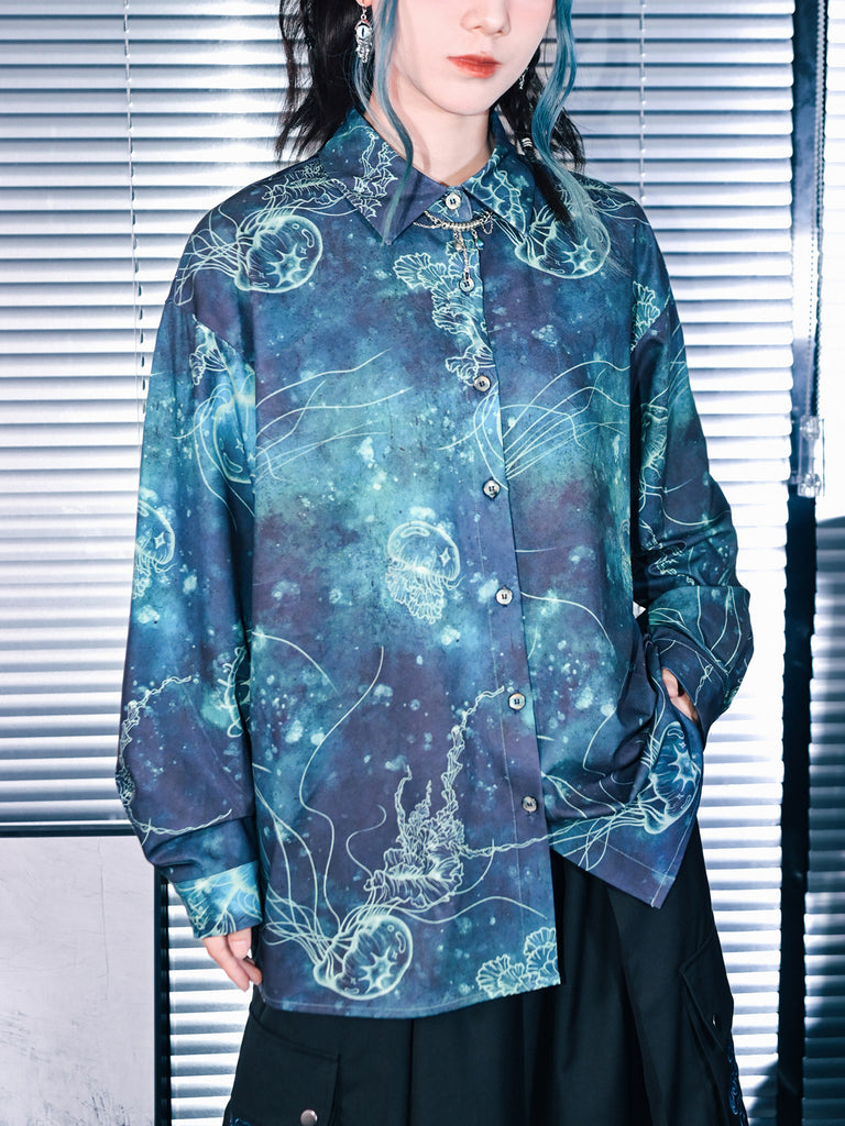 New Chinese Style Long Sleeve Top - Floating Electric Jellyfish 蓝界浮荧 ...