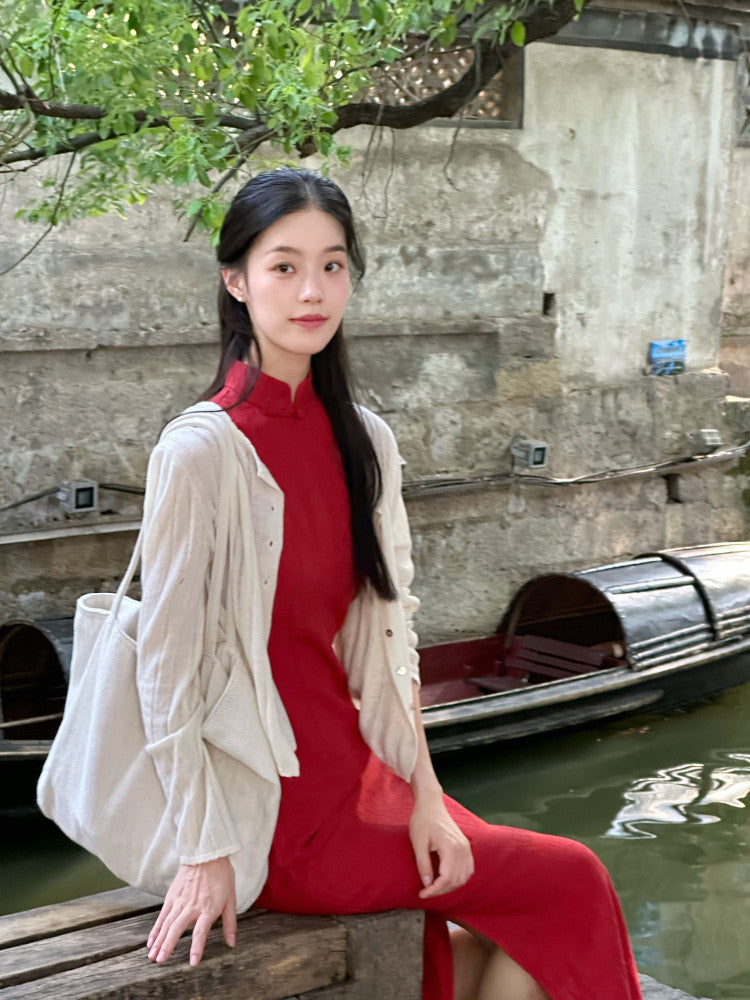 Sleeveless Long Cheongsam in Red | Fusang – Hanfu Story