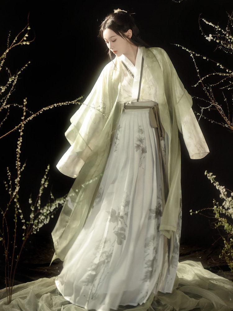 Song Dynasty Modern Hanfu Changgan Temple Beizi with Pleated Green Ski ...