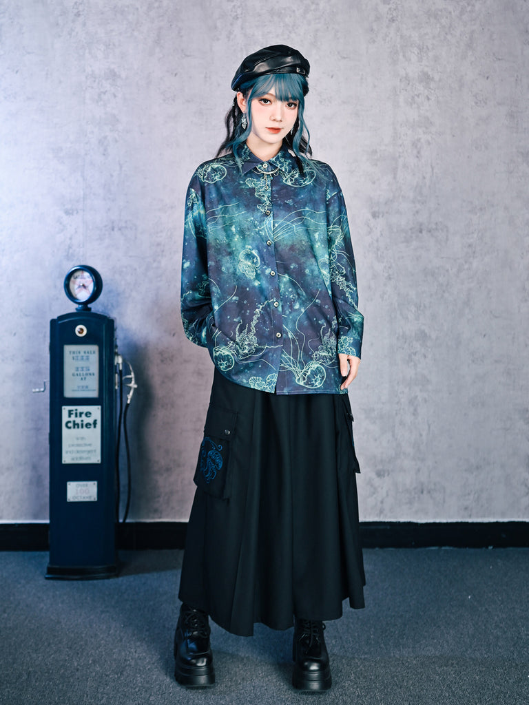 New Chinese Style Long Sleeve Top - Floating Electric Jellyfish 蓝界浮荧 ...