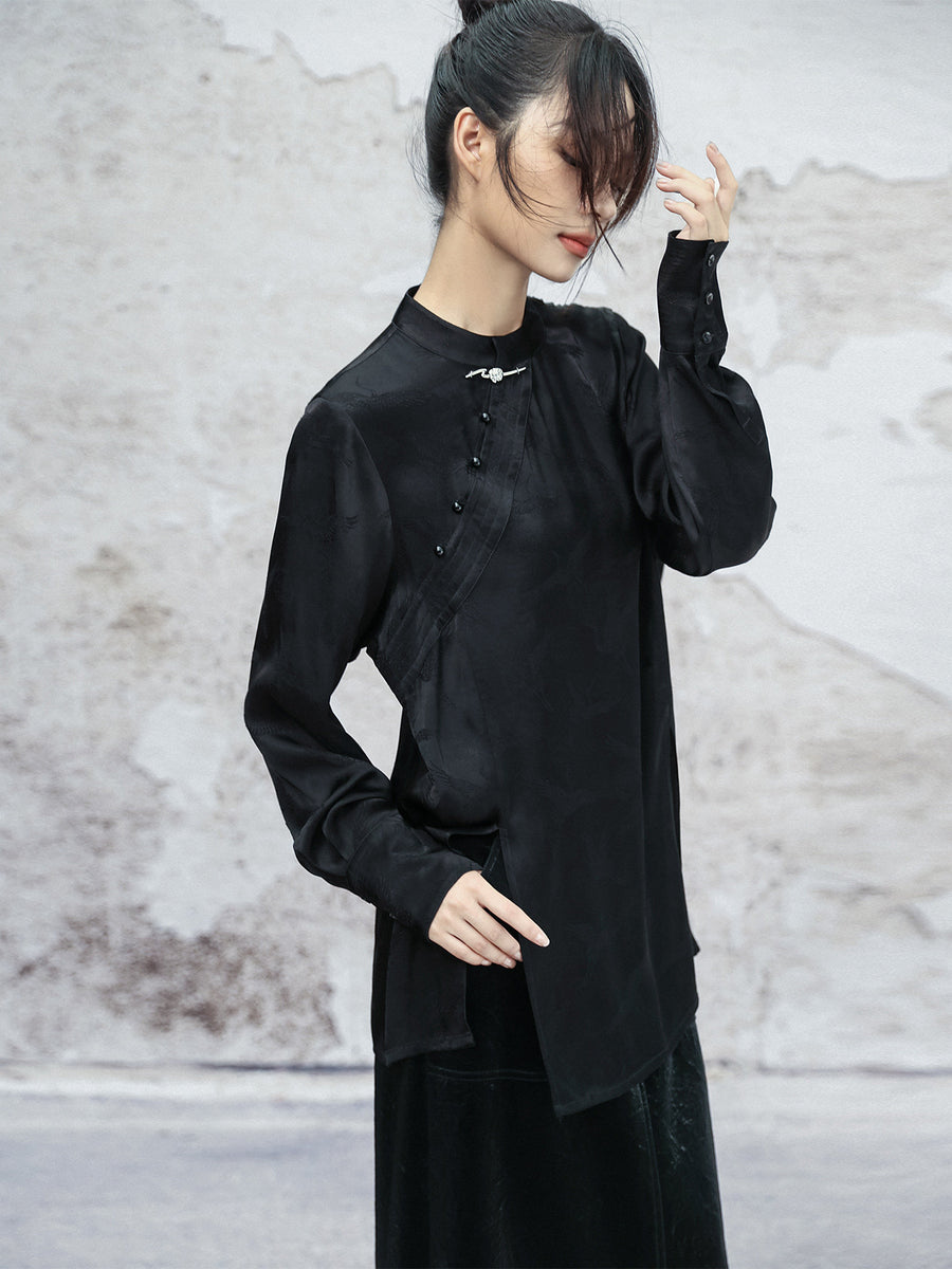 New Chinese Style Satin Crane Dark Pattern Long Sleeve Top - Ciyunjian ...