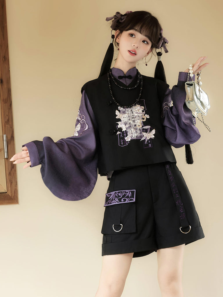 New Chinese Style Pipa Sleeve Top and Shorts - Yanmoyin 砚墨引 – Hanfu Story