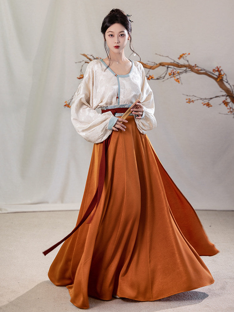 Tang Dynasty Modern Hanfu Round Collar Top and Wrap Skirt - Crimson Ba ...