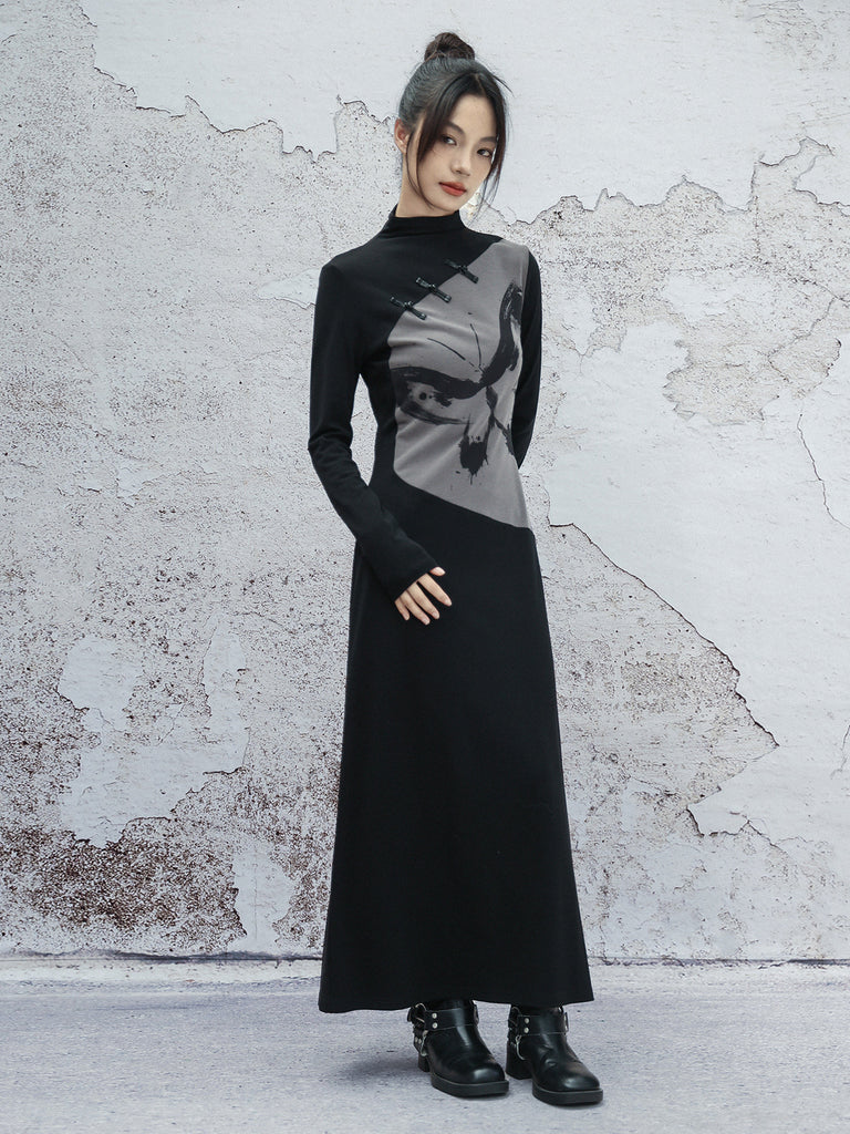 New Chinese Style Retro Ink Butterfly Print Long Sleeve Dress – Hanfu Story