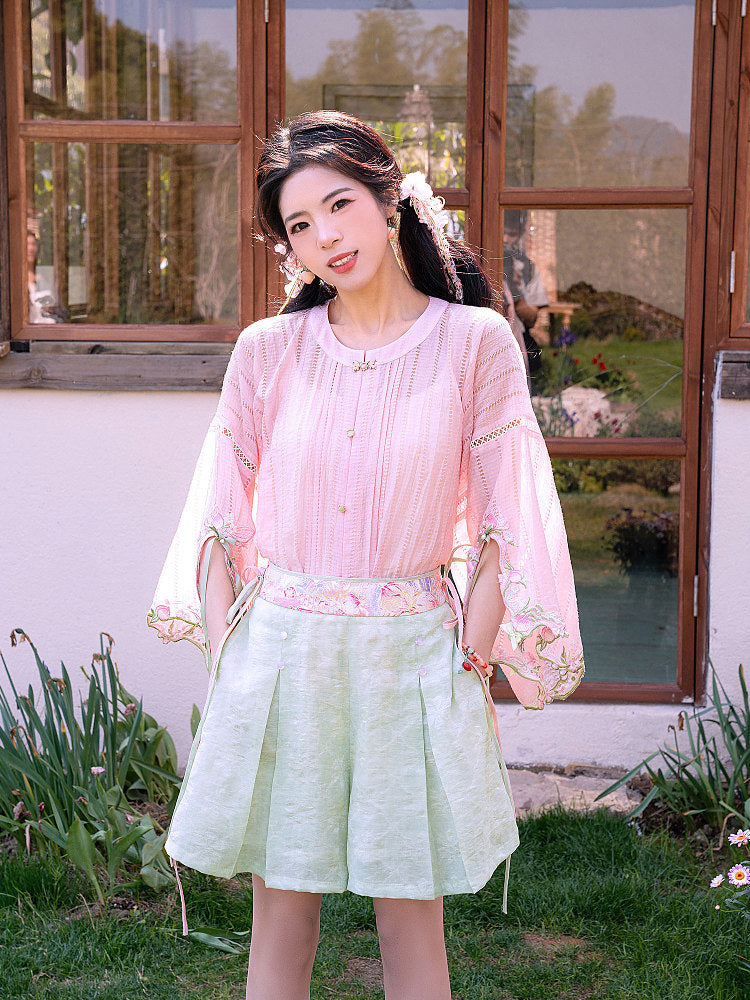 Ming Dynasty Modern Hanfu Half Sleeve Top and Mini Mamianqun - Peach F ...