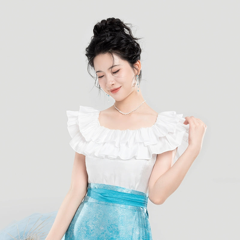 Chinese Off Shoulder Blouse & Mamian Skirt Outfit | Mermaid 五行水 – Hanfu ...