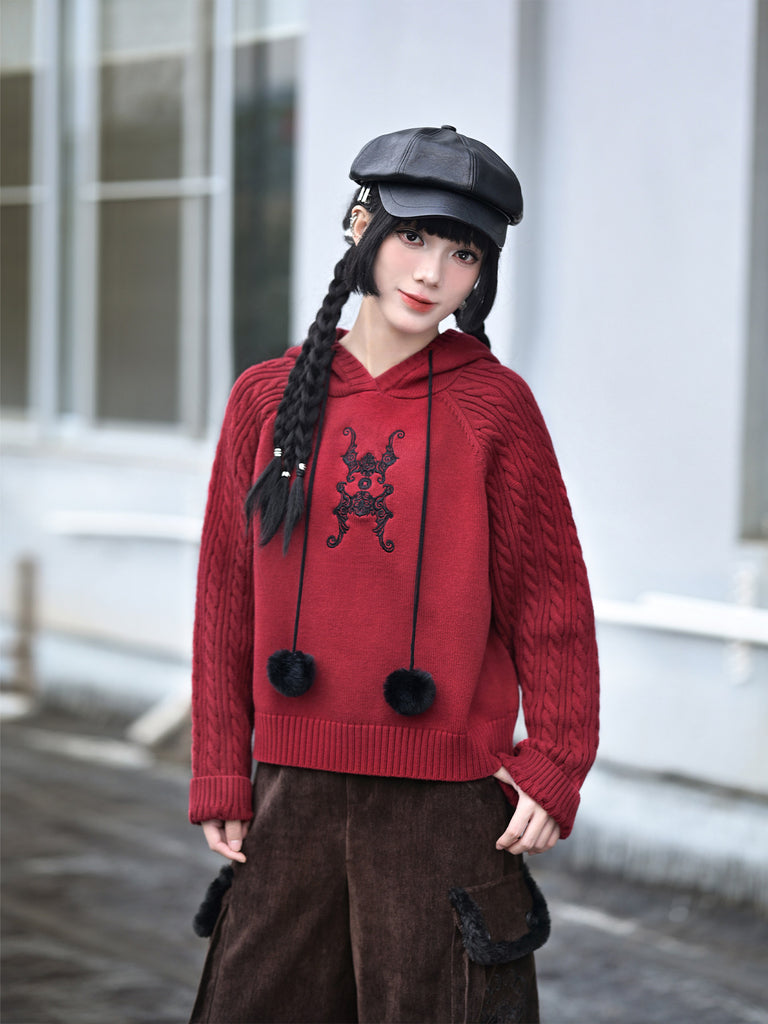 New Chinese Style Embroidery Red Cropped Hooded Sweater - Lucky Bat 福蝠 ...