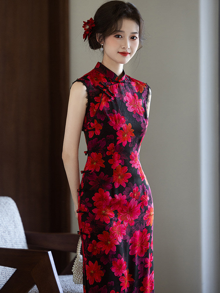 Sleeveless Floral Long Cheongsam | Hazel – Hanfu Story