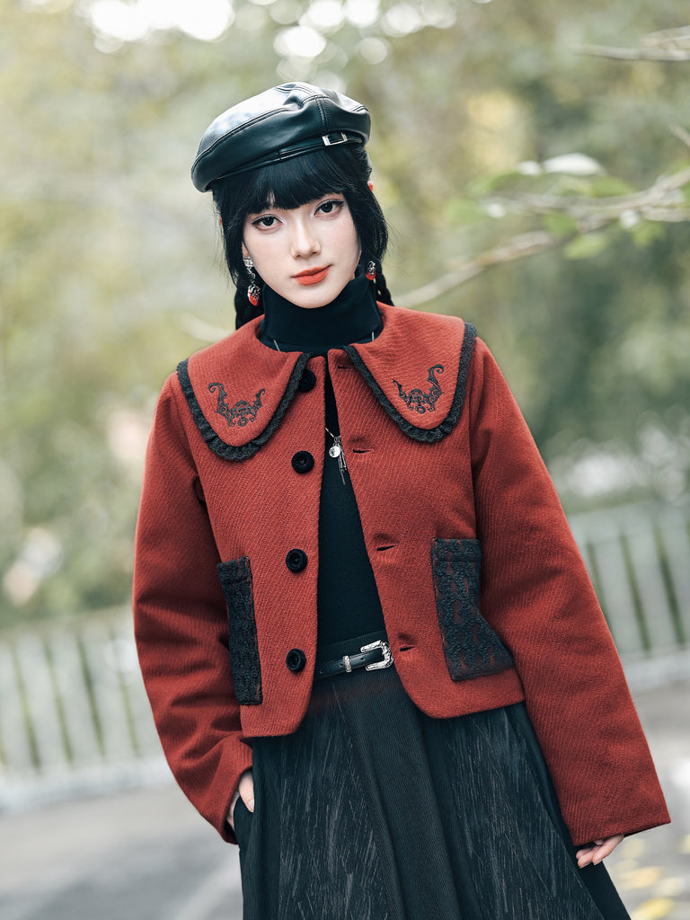 New Chinese Style Red and Black Doll Collar Short Jacket - Lucky Bat 福 ...